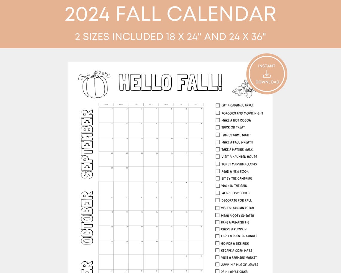 Printable Fall Calendar Poster, Fall Bucket List Poster, Fall ...