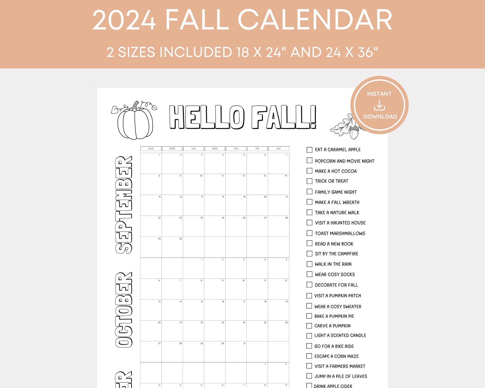 Printable Fall Calendar Poster, Fall Bucket List Poster, Fall ...