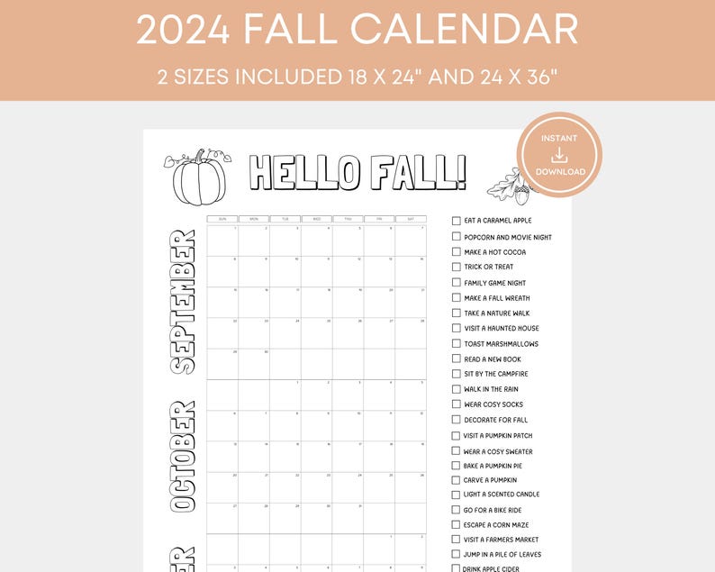 Printable Fall Calendar Poster, Fall Bucket List Poster, Fall ...