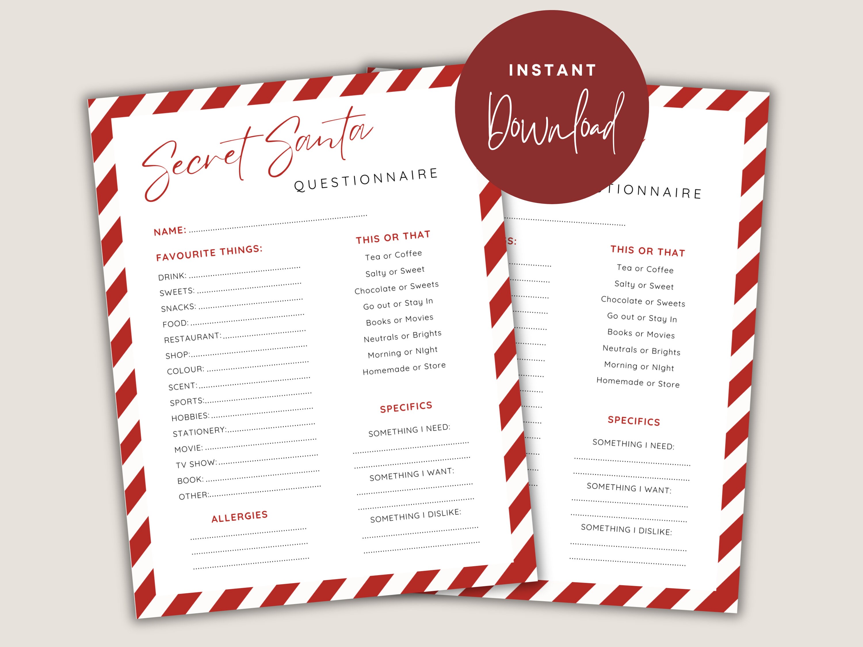 Office Gift Exchange Survey Form, Secret Santa Questionnaire for ...