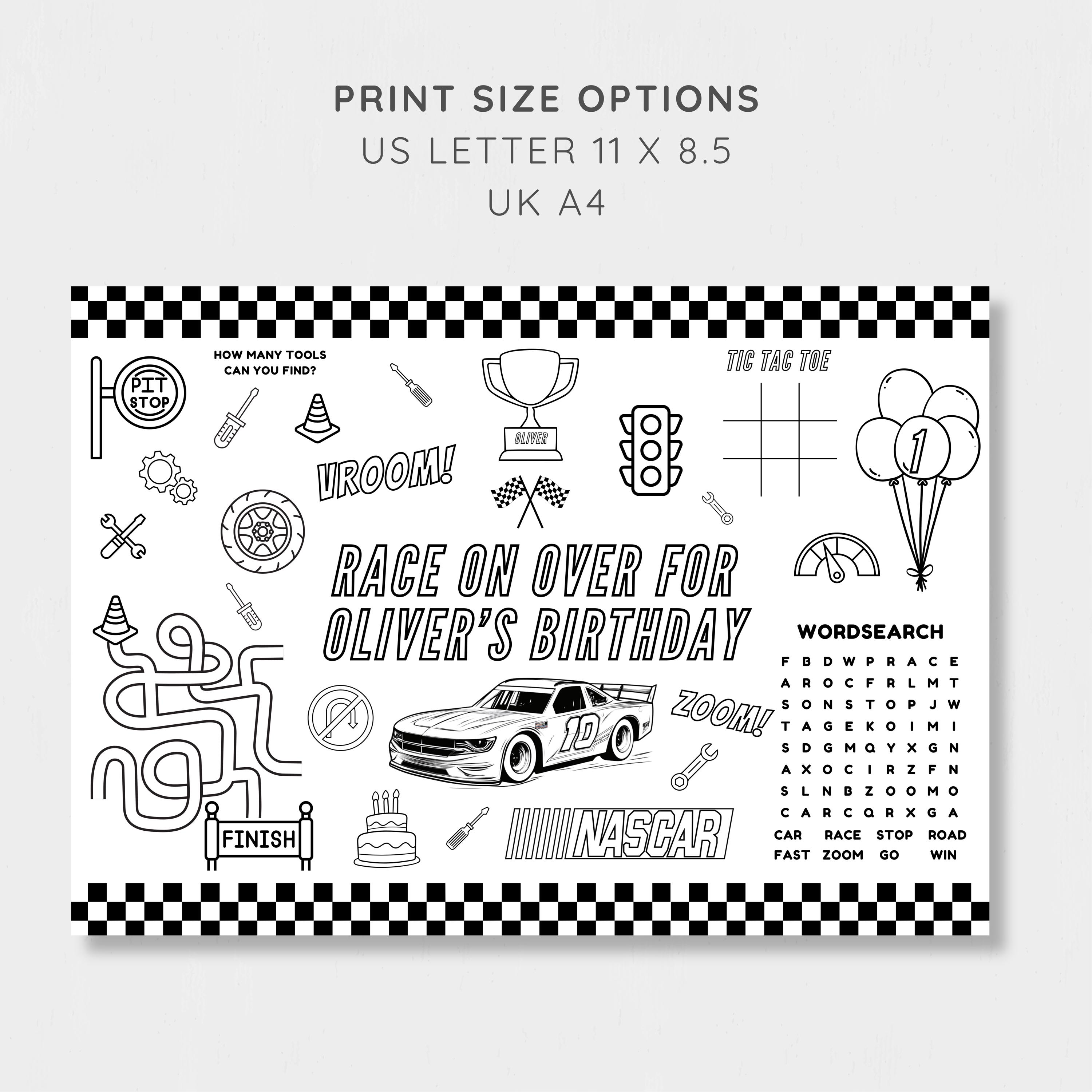 Editable Race Car Activity & Coloring Page, Two Fast Racing Party ...