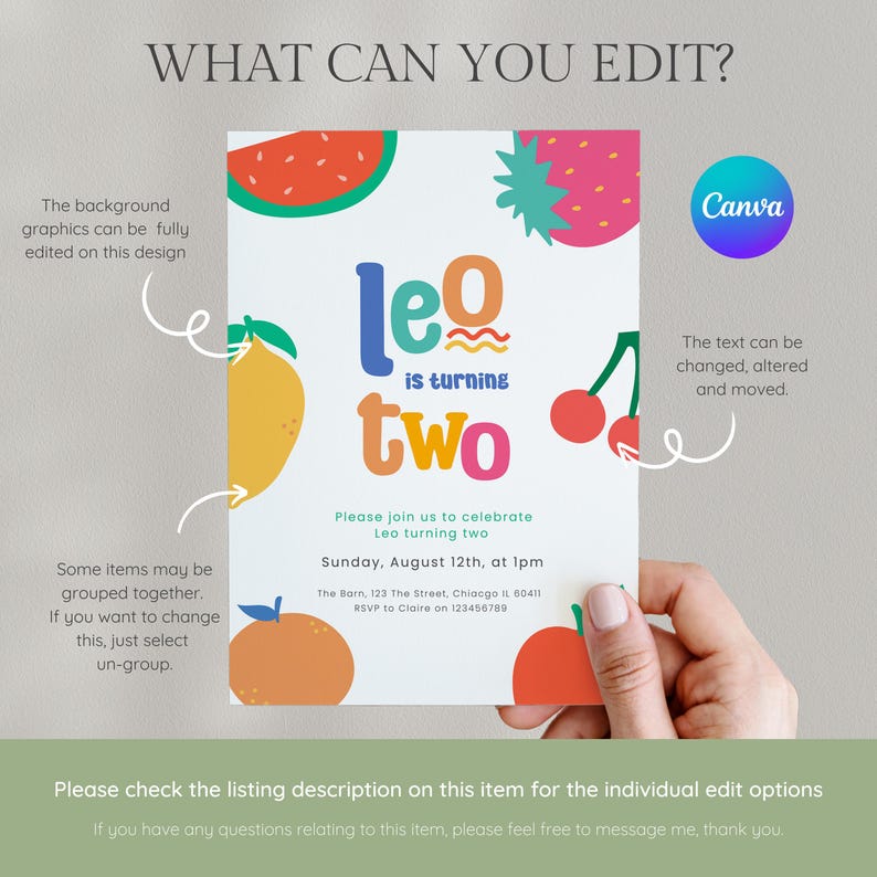 Editable Fruit Birthday Invitation, Tropical Summer Party, Fruit Party ...