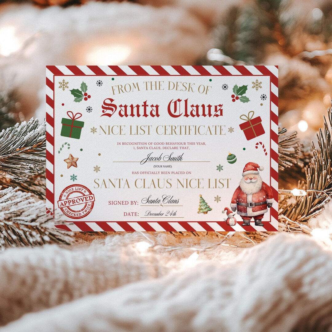 Editable Nice List Certificate Printable Santa's Official Document Girl ...