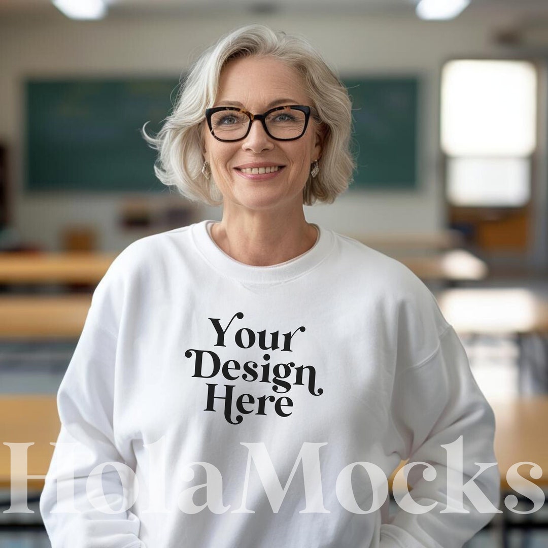 High School Teacher Mockup White Gildan 18000 Sweatshirt Diverse Older ...