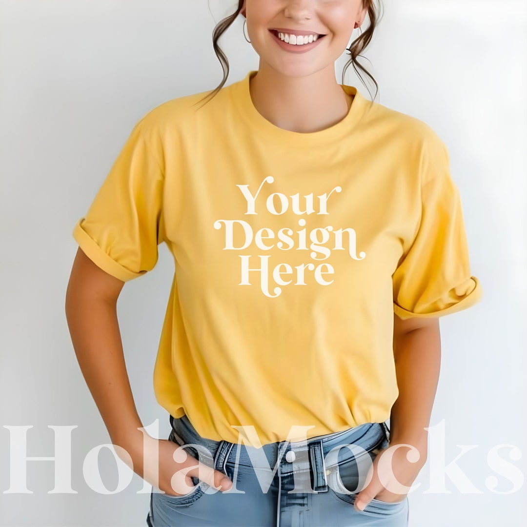 Maize Yellow Mockup Bella Canvas 3001 Shirt Diverse Model Brunette Boho ...