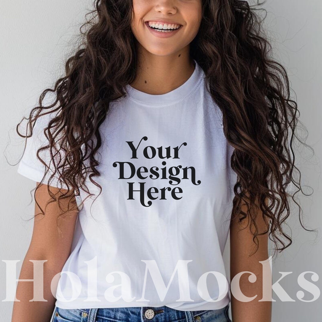 White Bella Canvas 3001 Mockup Shirt Tees Diverse Models Brunette Woman ...