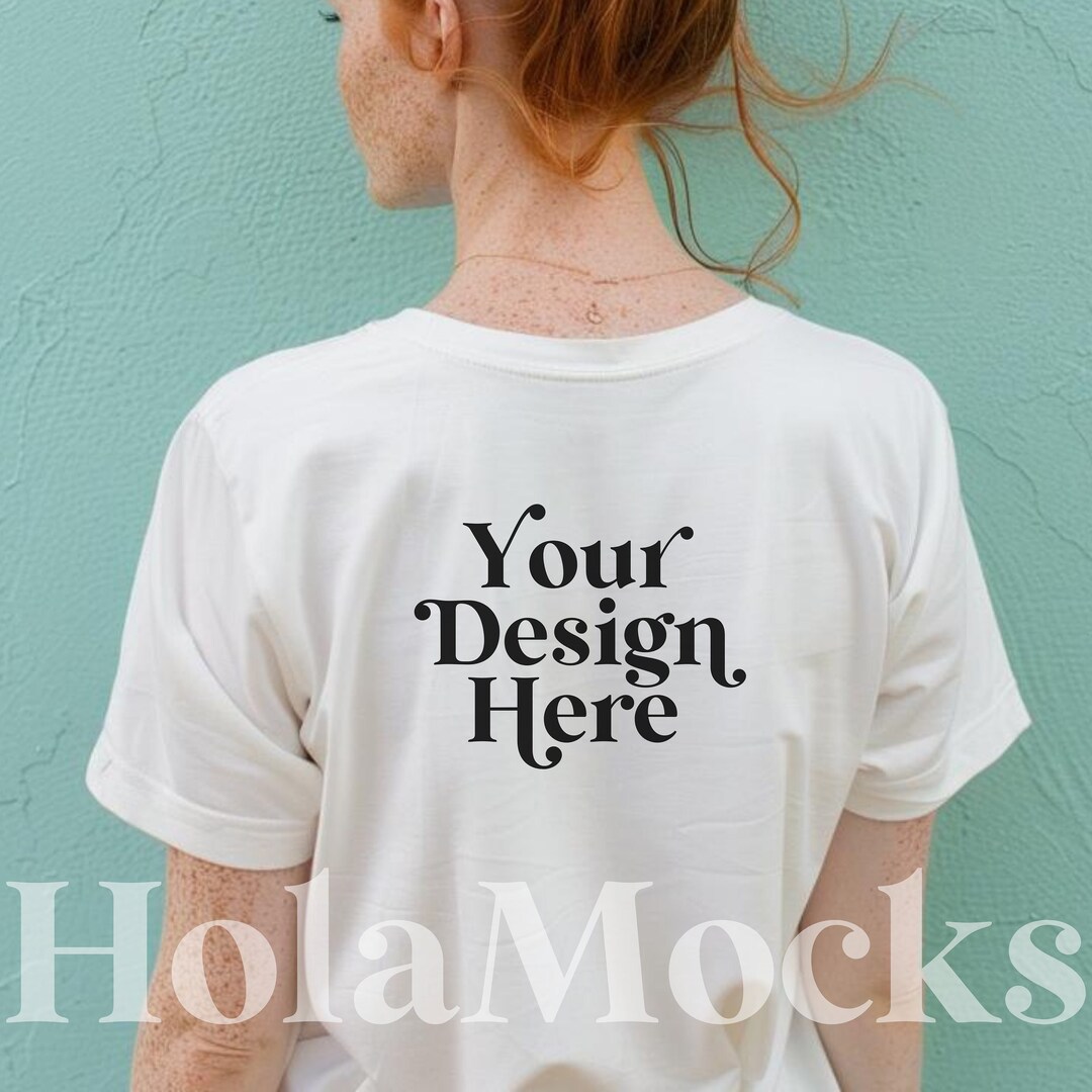 Back of Shirt Mockup White Bella Canvas 3001 Tees Diverse Model Redhead ...