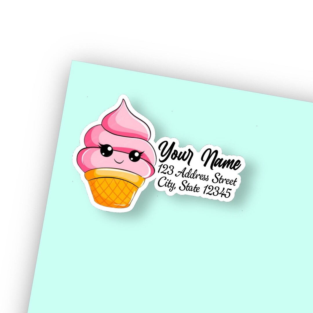 Custom Ice Cream Cone Kawaii Pink Return Address Labels Set of 25 ...