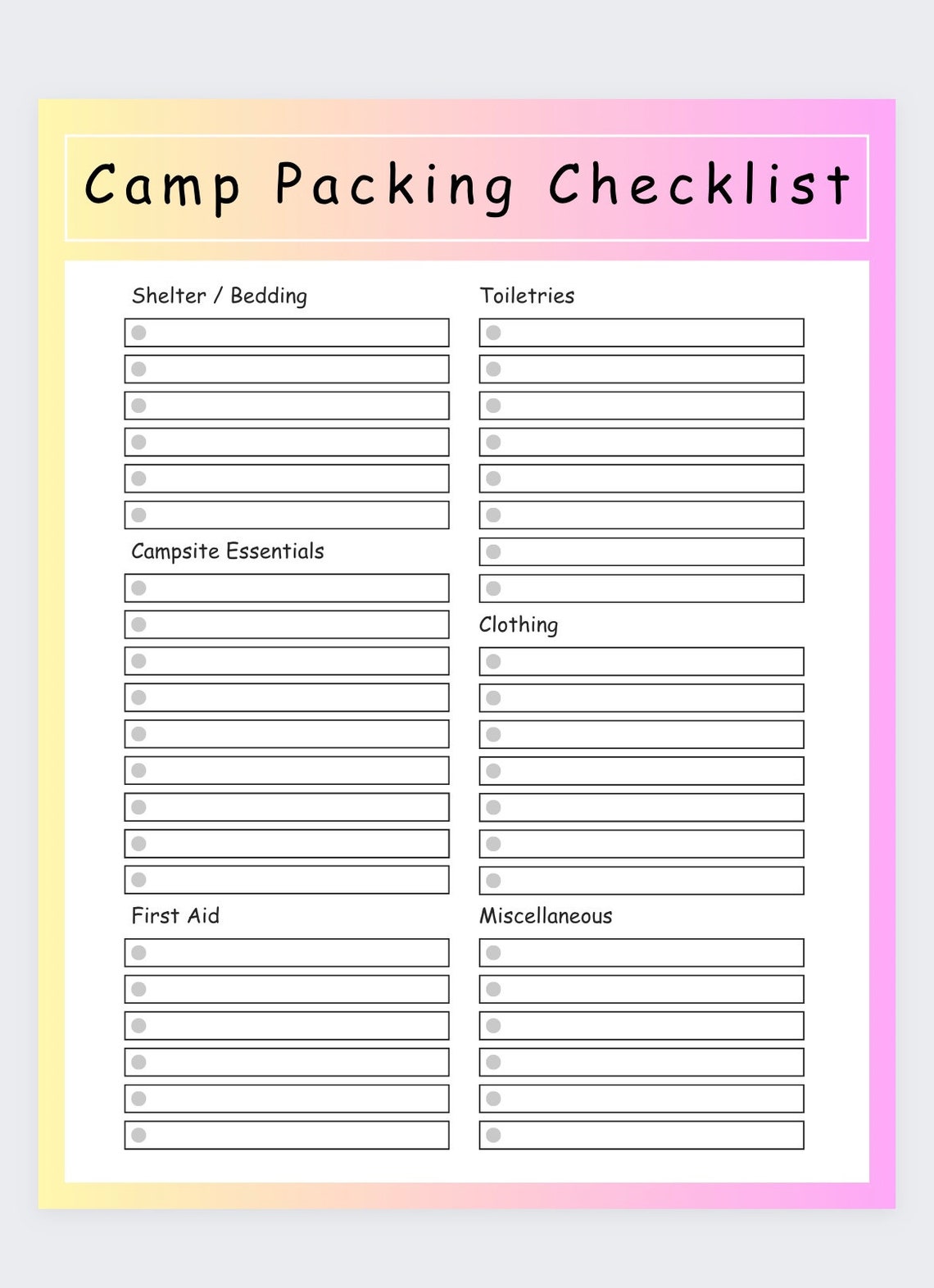 Camp Packing List, Kids Packing List, Travel Packing List, Printable ...