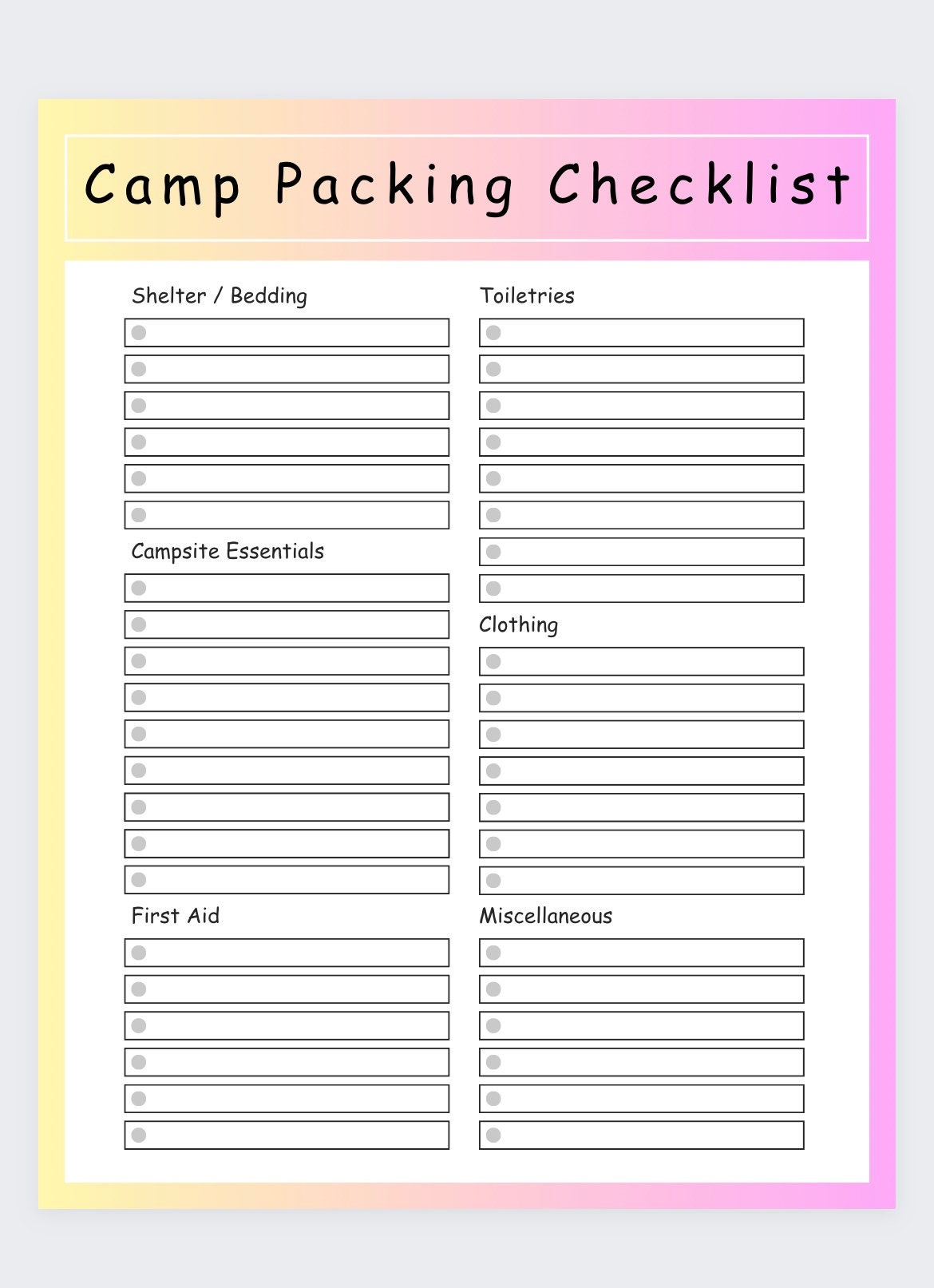 Camp Packing List, Kids Packing List, Travel Packing List, Printable ...