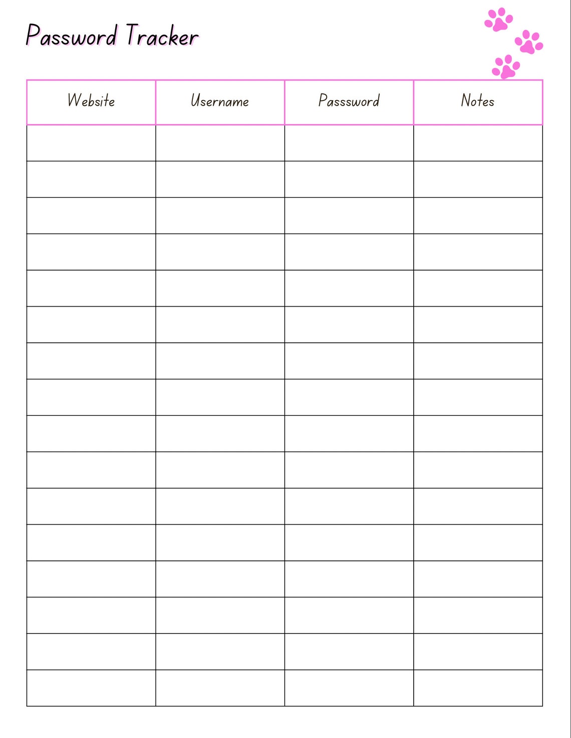 Pink Paw Print Password Tracker - Etsy