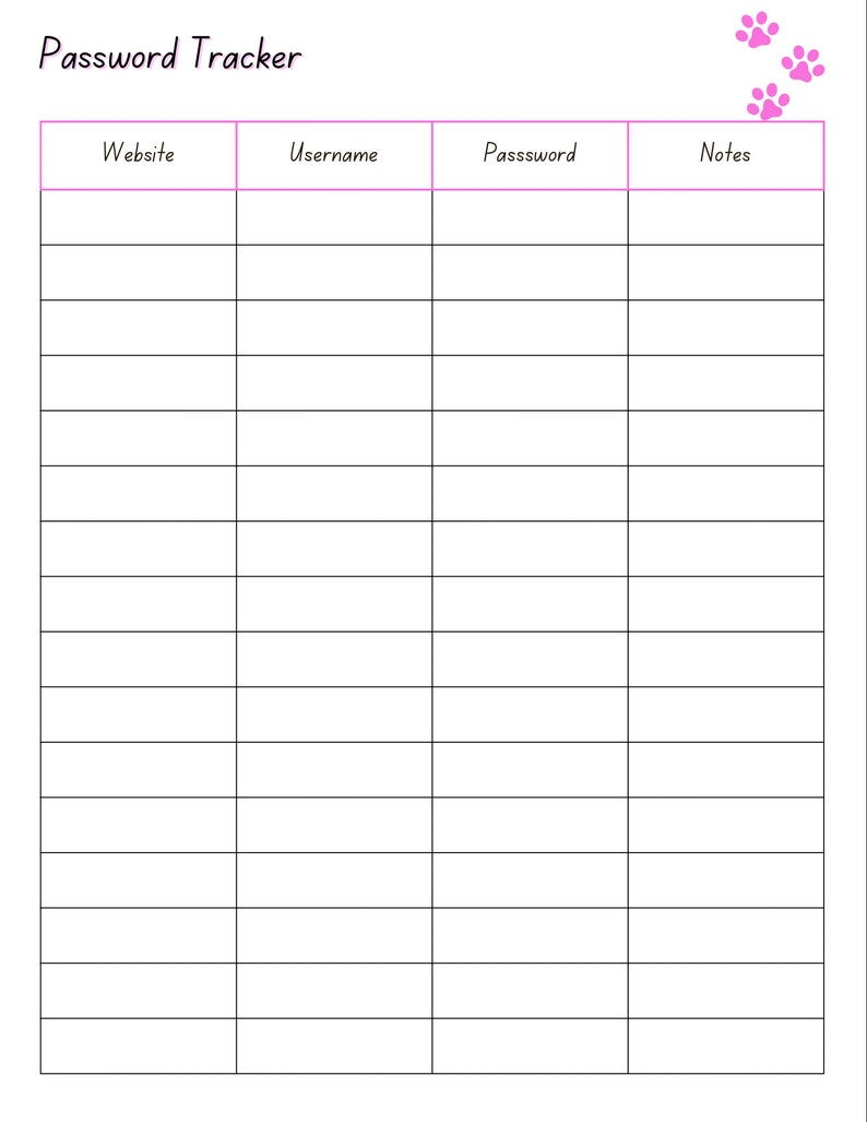 Pink Paw Print Password Tracker - Etsy