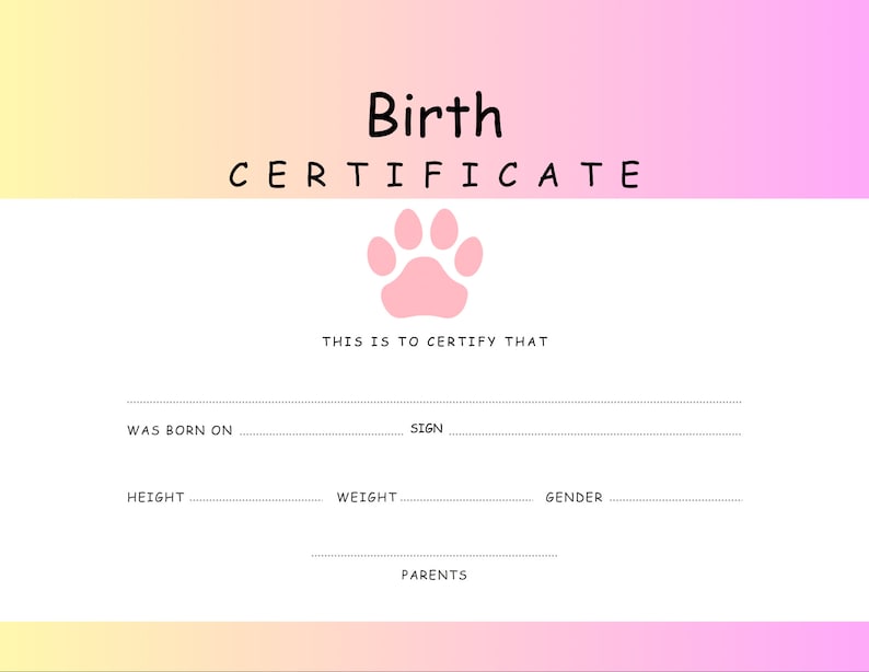 Pink Paw Print Birth Certificate - Etsy