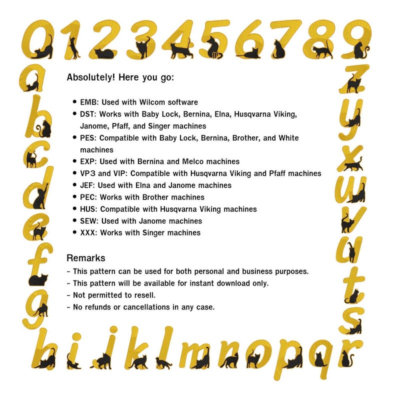 Black Cat Embroidery Pattern, Letters A-z&0-9. Letter Design. MULTIPLE ...