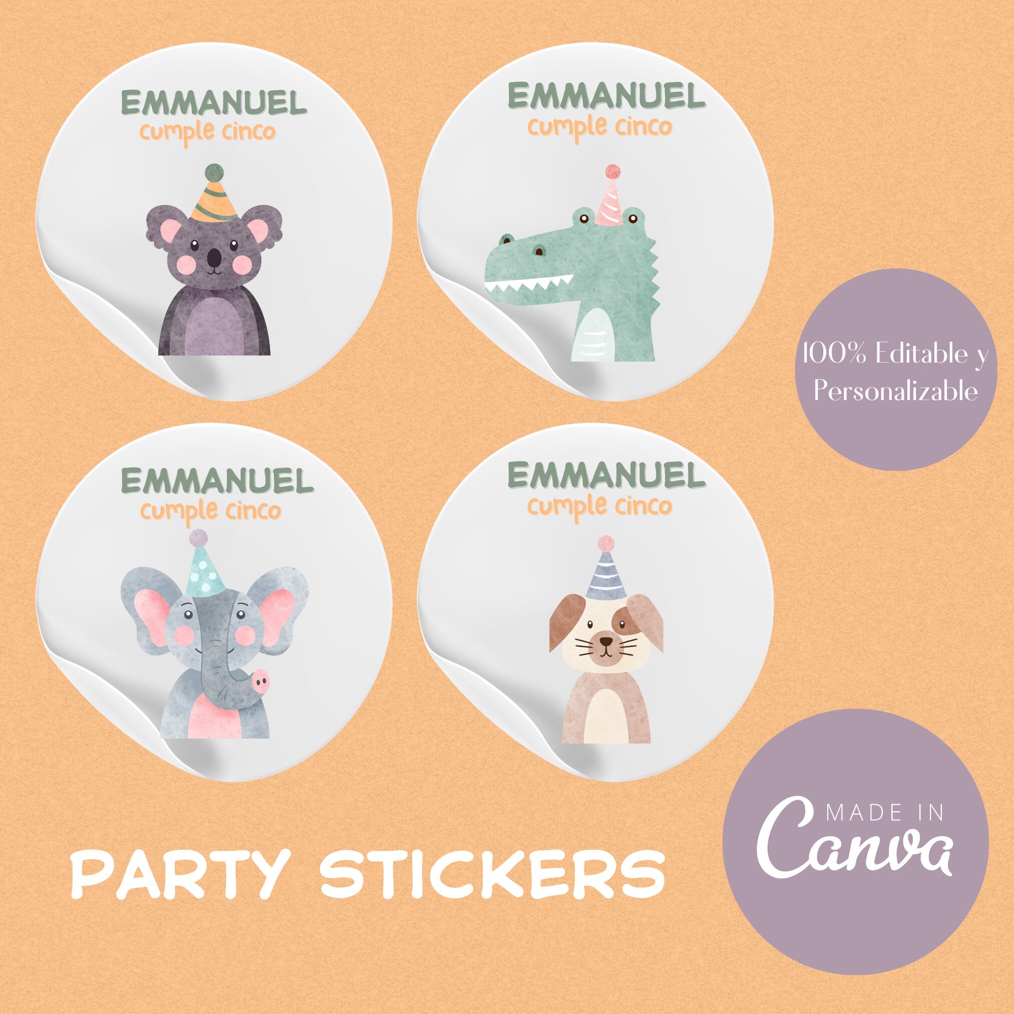 Children's Party Stickers Template, Children's Party Labels, Animal ...
