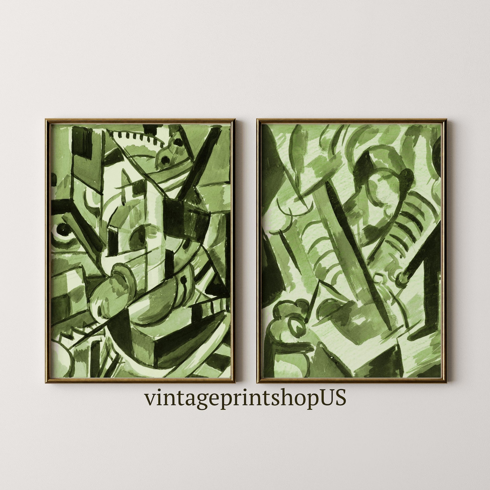Abstract Green Art Prints: Monochromatic Brushstrokes Set (digital ...