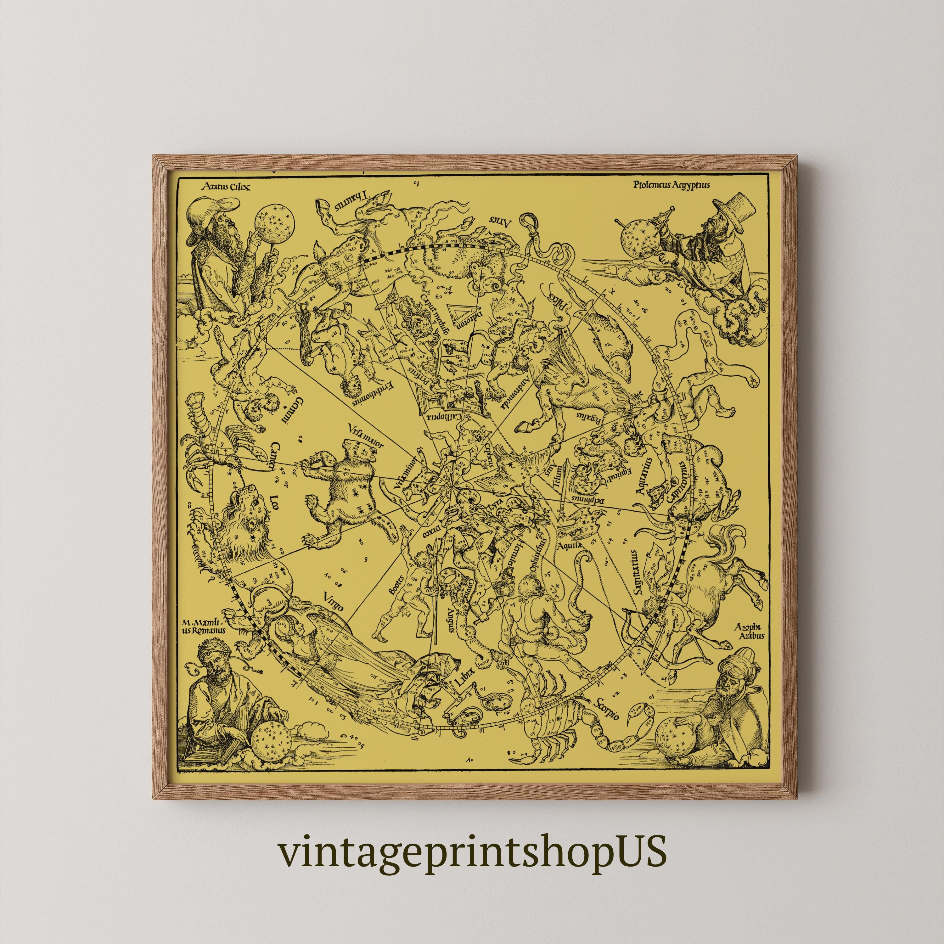 Vintage Constellation Map | Antique Zodiac Star Chart, Astrology Wheel ...