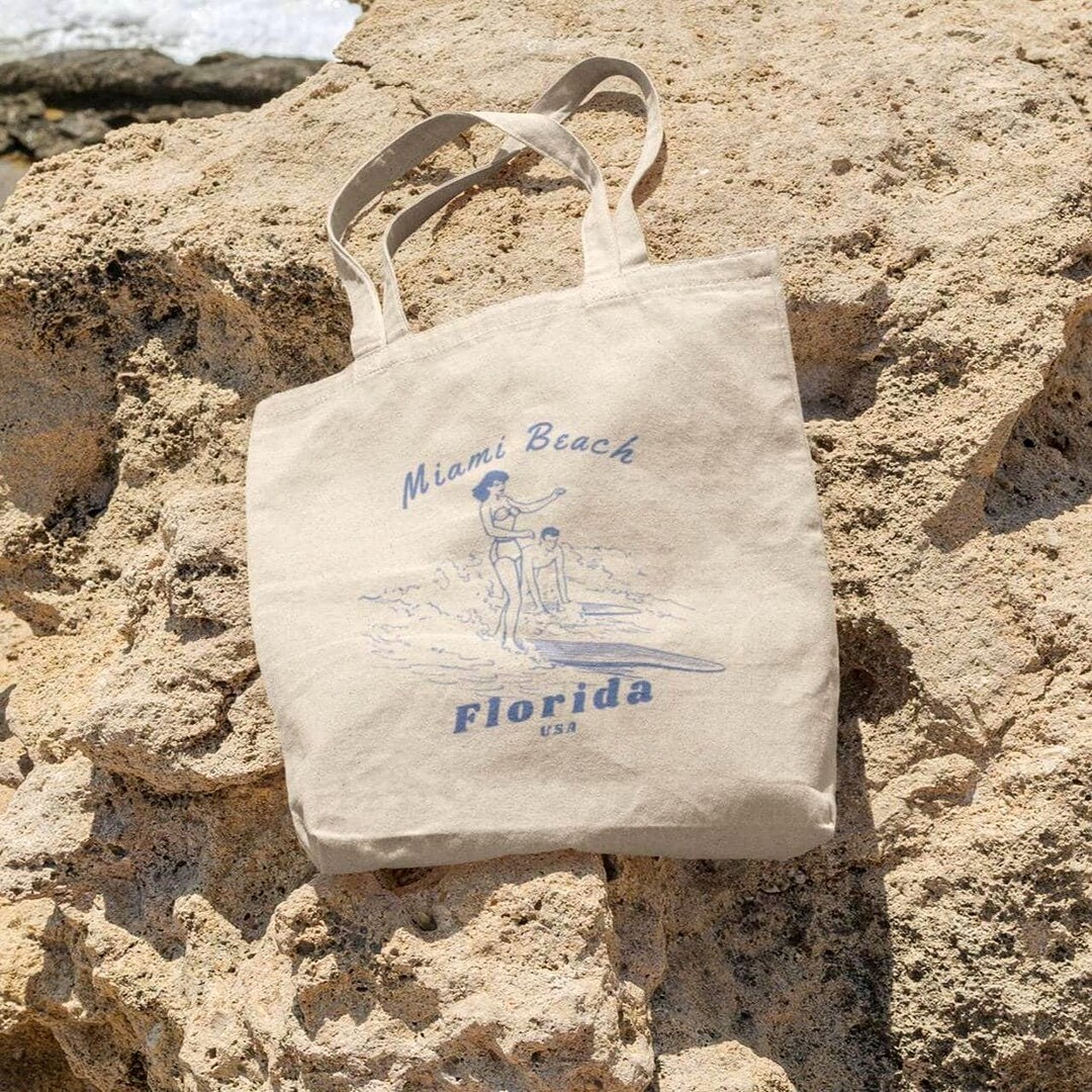 Miami Beach Cotton Canvas Tote Bag, Retro Surfing Souvenir - Etsy