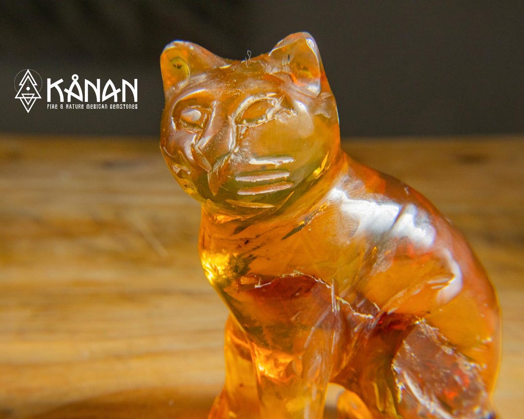 Hand-carved Amber Cat Sculpture – Natural Amber With Inclusions, Unique ...