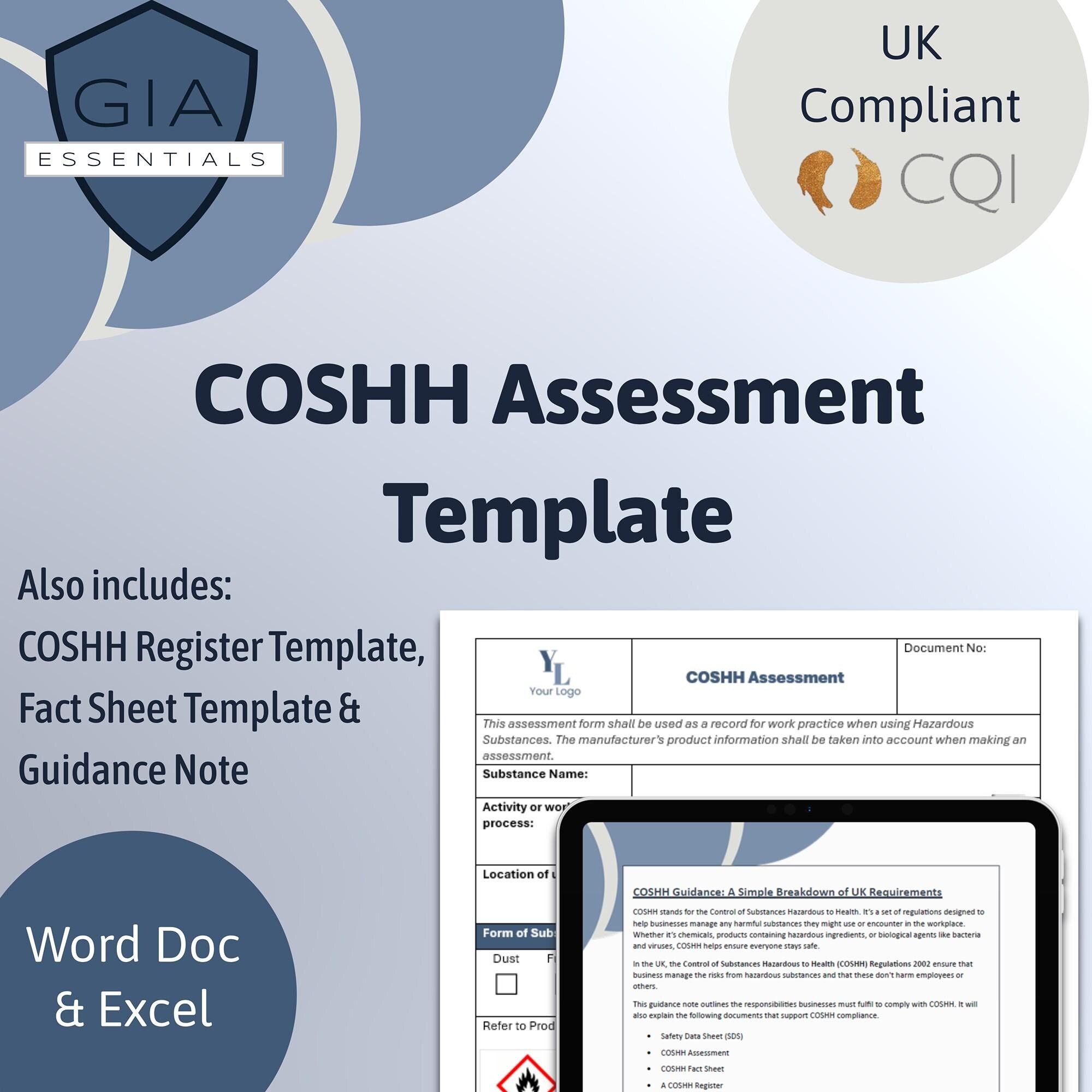 COSHH Assessment Template for UK Business, Editable Word and Excel ...