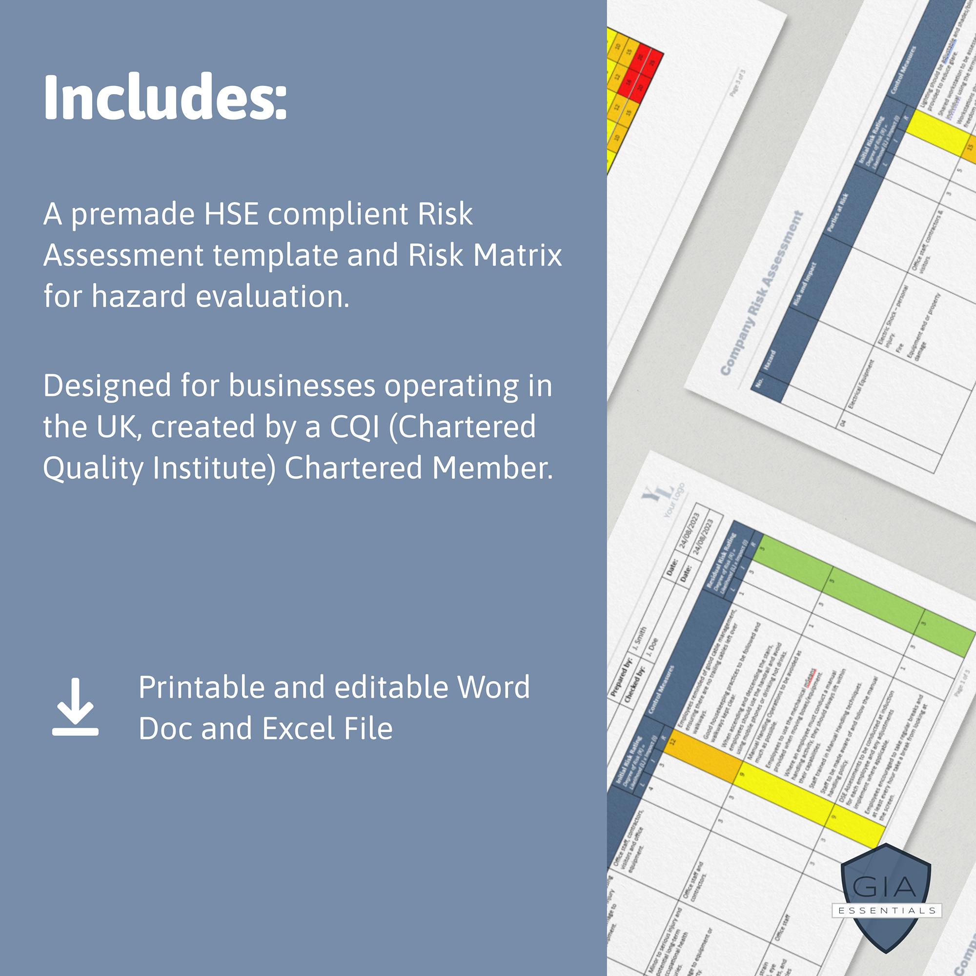 Risk Assessment Template for UK Business, Editable Word and Excel ...