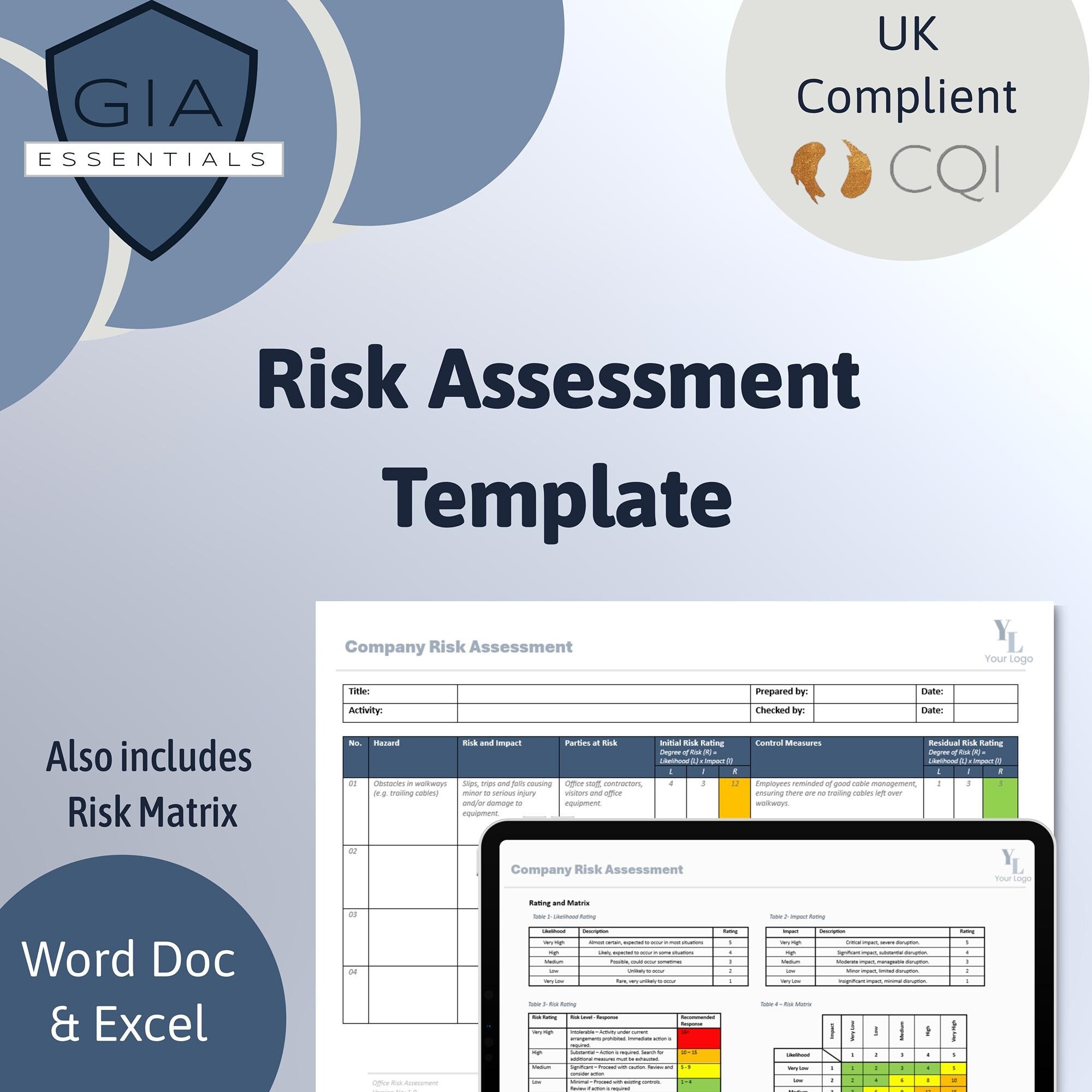 Risk Assessment Template, Editable Word and Excel Document for UK ...