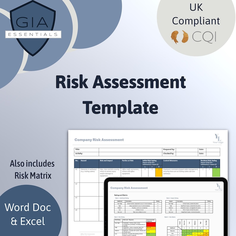 Risk Assessment Template for UK Business, Editable Word and Excel ...