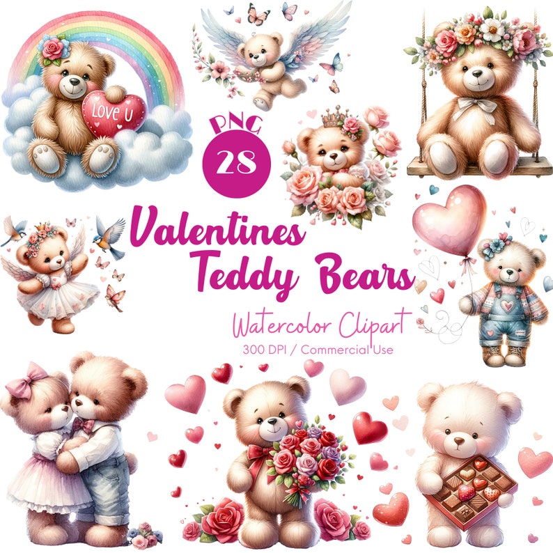 Valentines Teddy Bear Clipart 28 PNG Watercolor Cute Love Bear Clipart ...