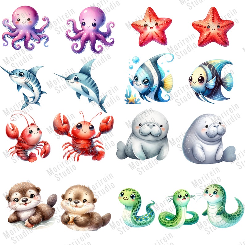 Cute Sea Animals Under the Sea Clipart 112 PNG Watercolor Cute Sea ...
