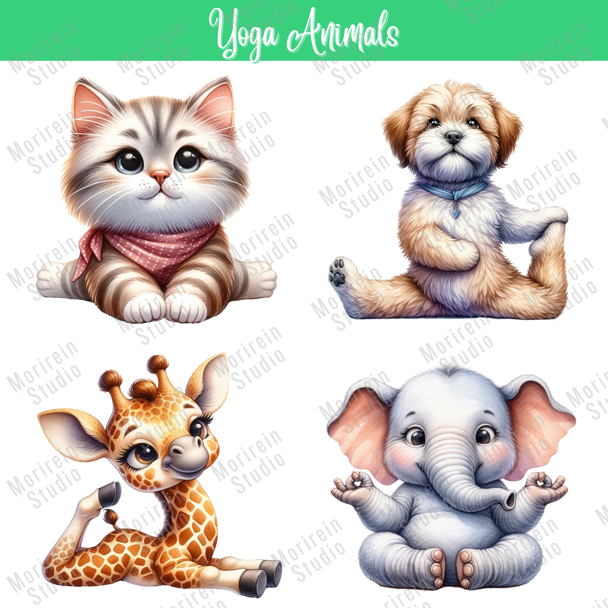 Watercolor Yoga Animals Clipart: 28 PNG Nursery Art (digital Download ...