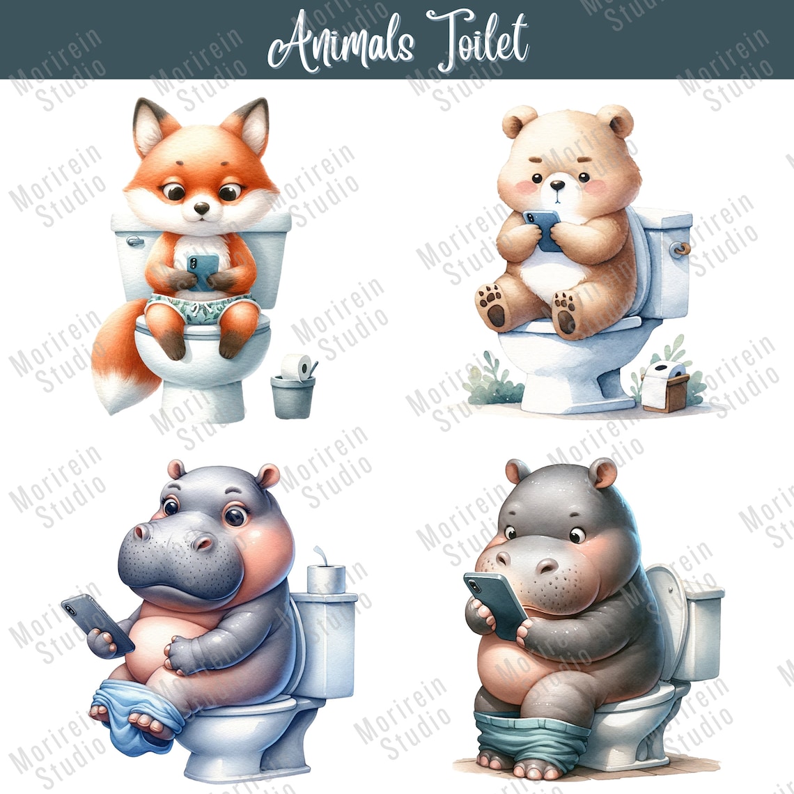 Funny Animals on Toilet Watercolor Clipart: 24 PNG Nursery Art (digital ...