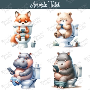 Animals Toilet Clipart 24 PNG Watercolor Animals Sitting on the Toilet ...