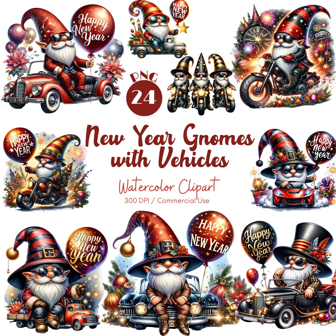 New Year Gnomes Clipart: Watercolor Festive Vehicle Illustrations 24 ...