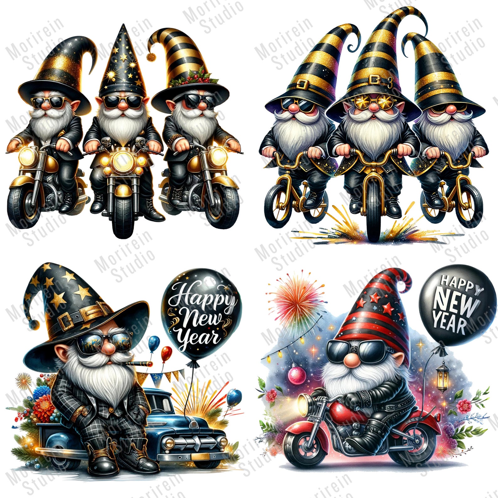 New Year Gnomes Clipart: Watercolor Festive Vehicle Illustrations 24 ...