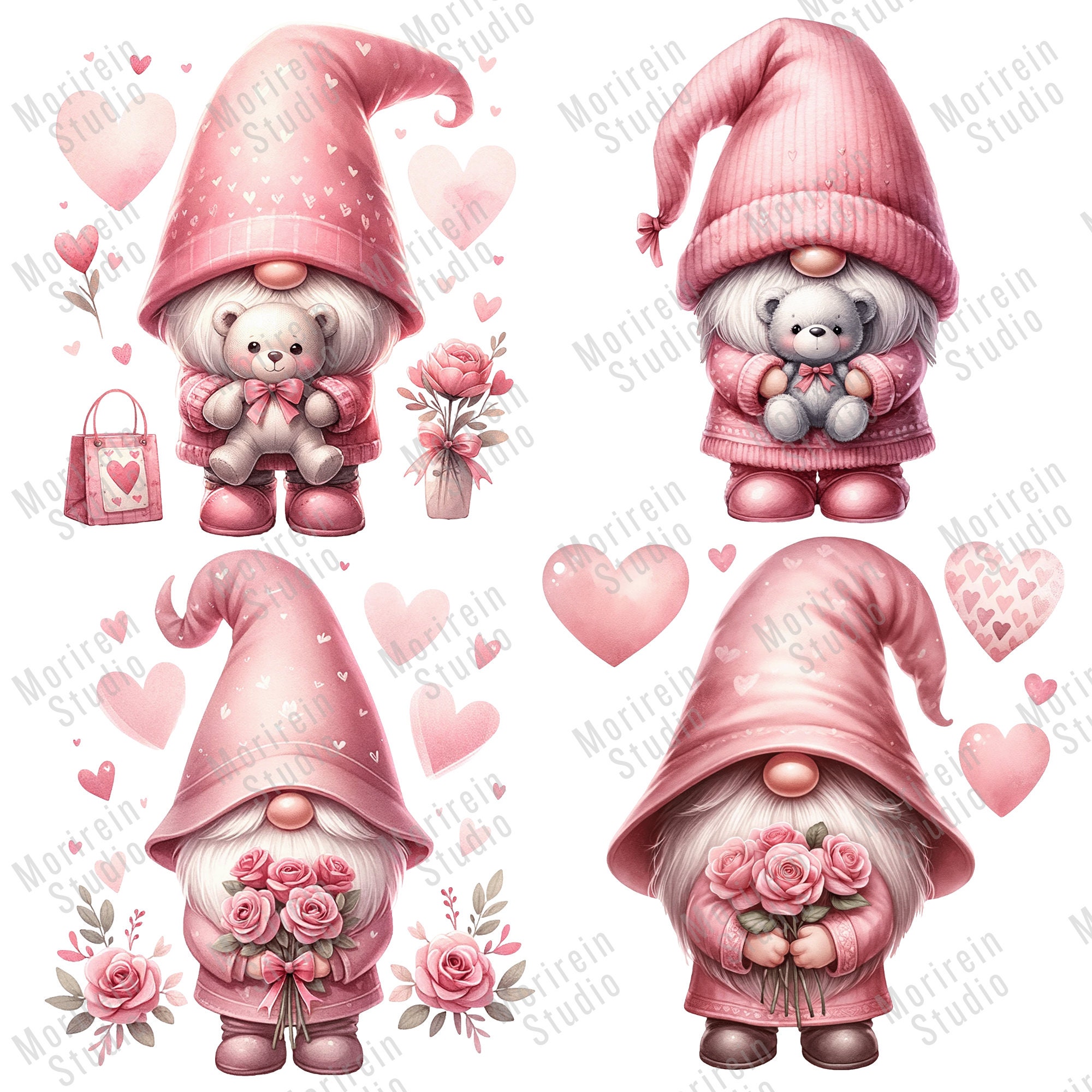 Pink Valentine Gnomes Clipart: 24 PNG Watercolor Illustrations (digital ...