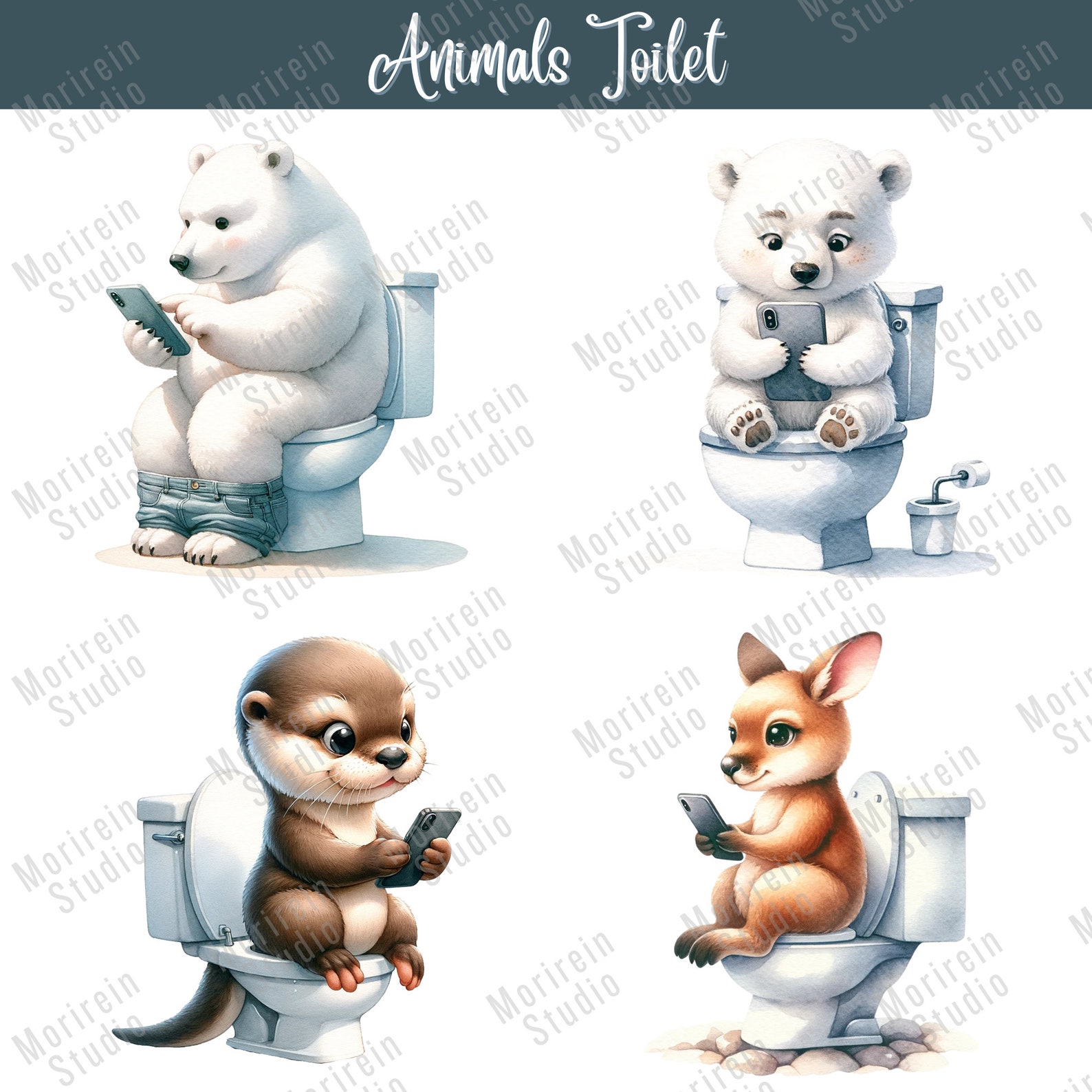 Animals Toilet Clipart 24 PNG Watercolor Animals Sitting on the Toilet ...