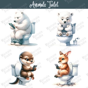 Animals Toilet Clipart 24 PNG Watercolor Animals Sitting on the Toilet ...