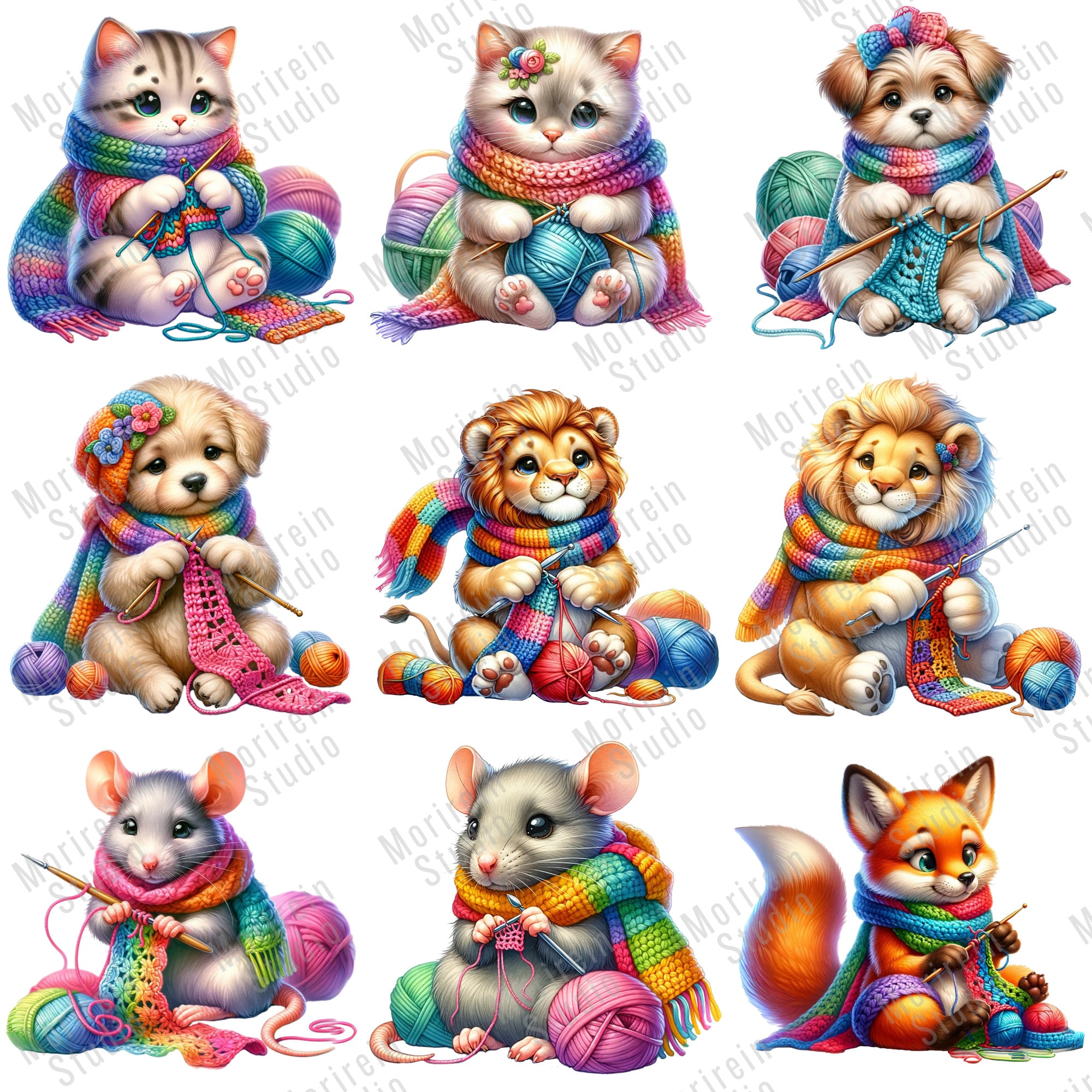Animals Knitting Clipart 40 PNG Watercolor Cute Knitted Animals PNG ...