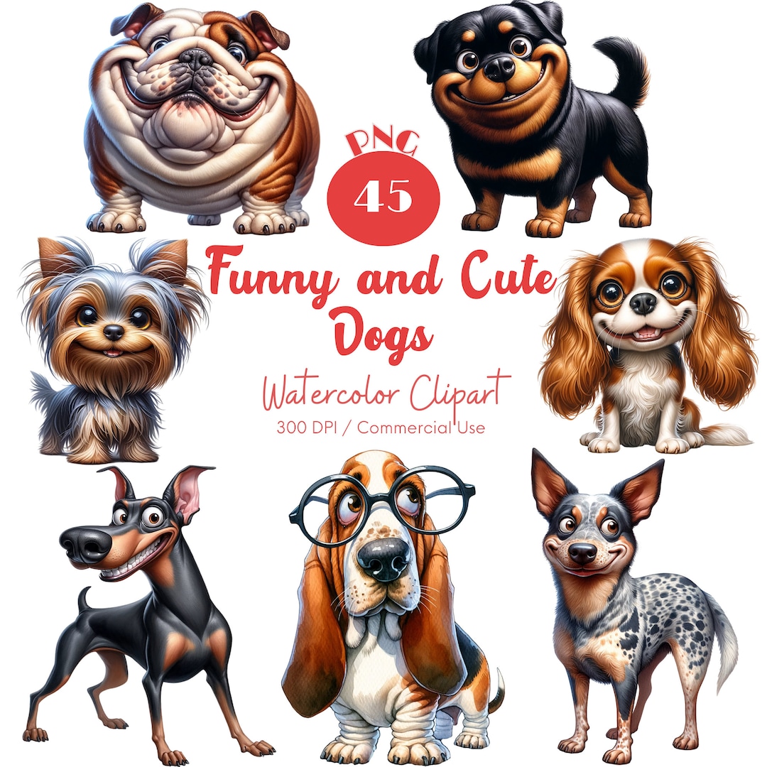 Watercolor Funny Dogs Clipart: 45 PNG Whimsical Art (digital Download ...