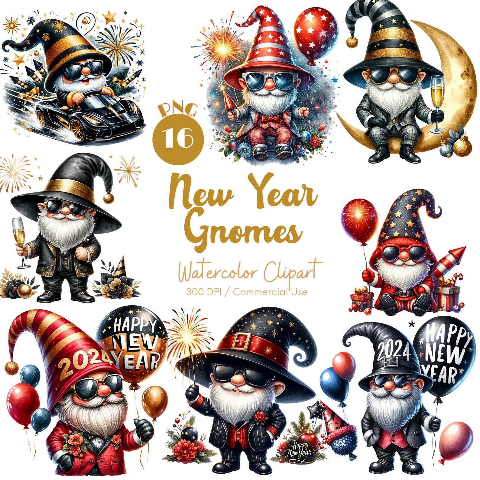 New Year Gnomes Clipart: Watercolor Festive 16 PNG (digital Download ...