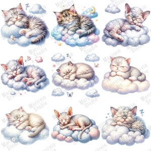 Sleeping Cats Clipart 55 PNG Watercolor Cute Sleeping Cats on Cloud PNG ...
