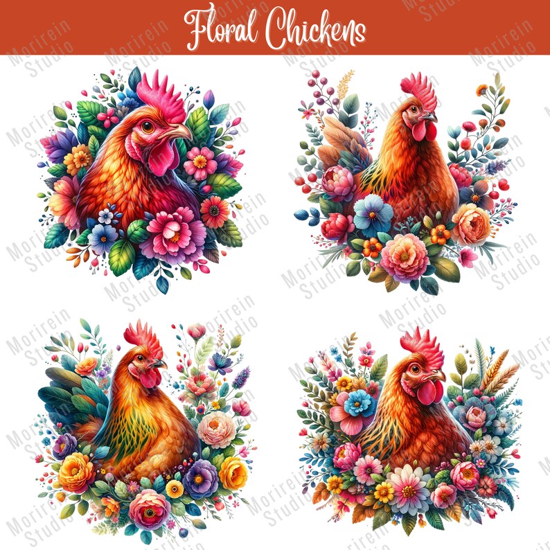 Floral Chicken Clipart 24 PNG Watercolor Flower Chicken Clipart Cute ...