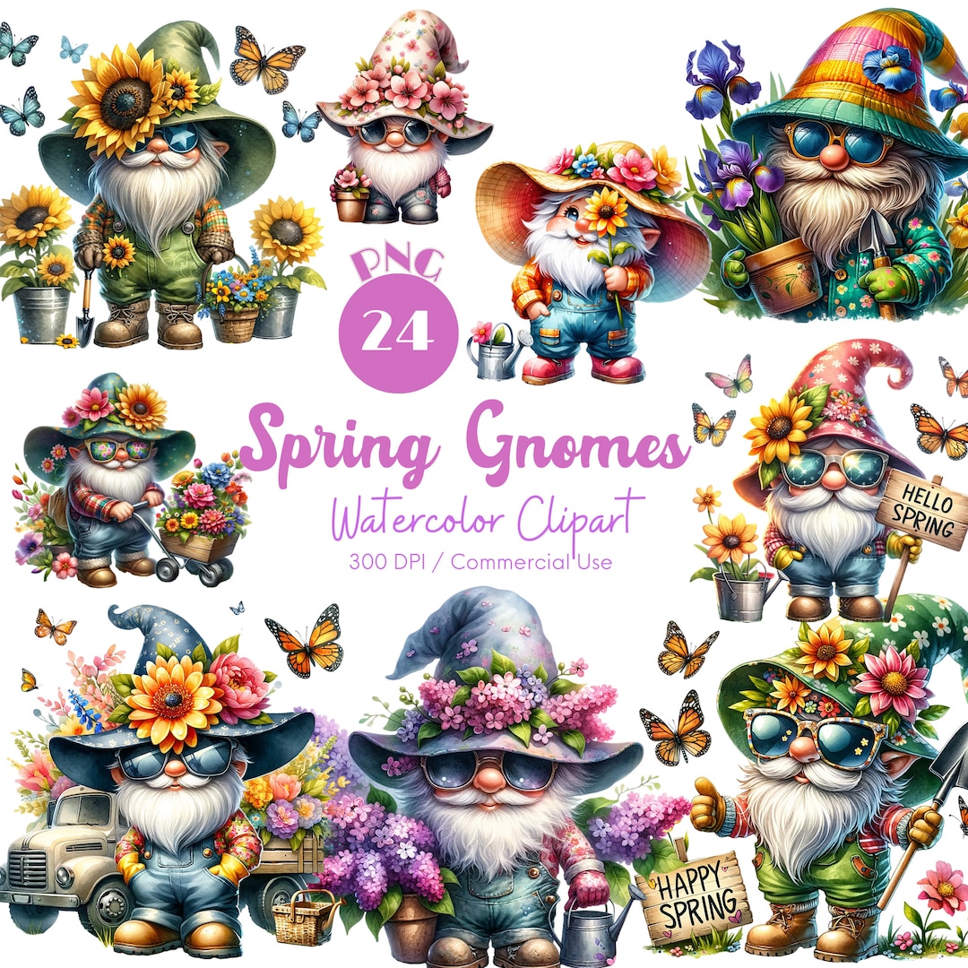 Watercolor Spring Gnomes Clipart: 24 PNG Illustrations (digital ...