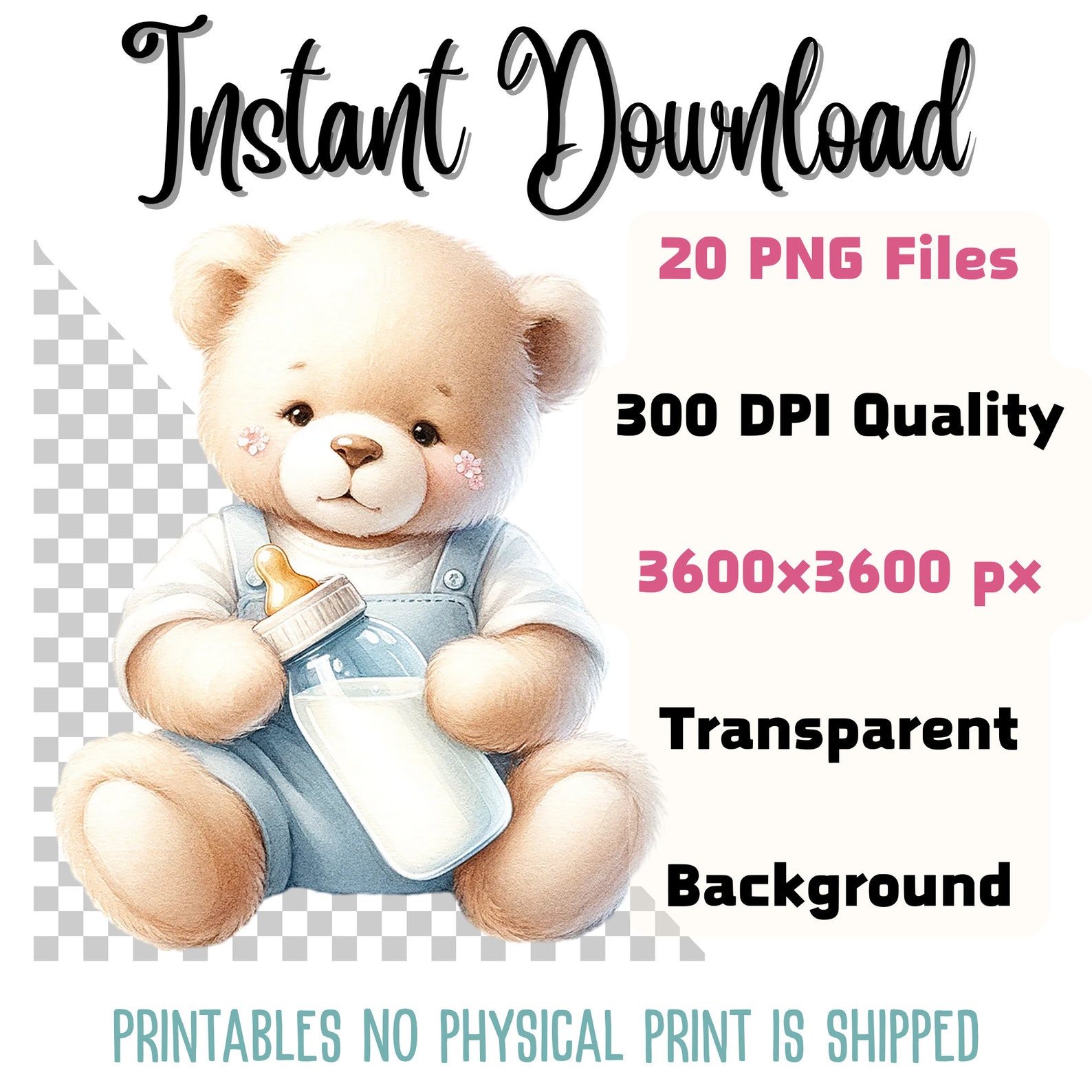Watercolor Baby Teddy Bear Clipart: 20 PNG Nursery Art (digital ...