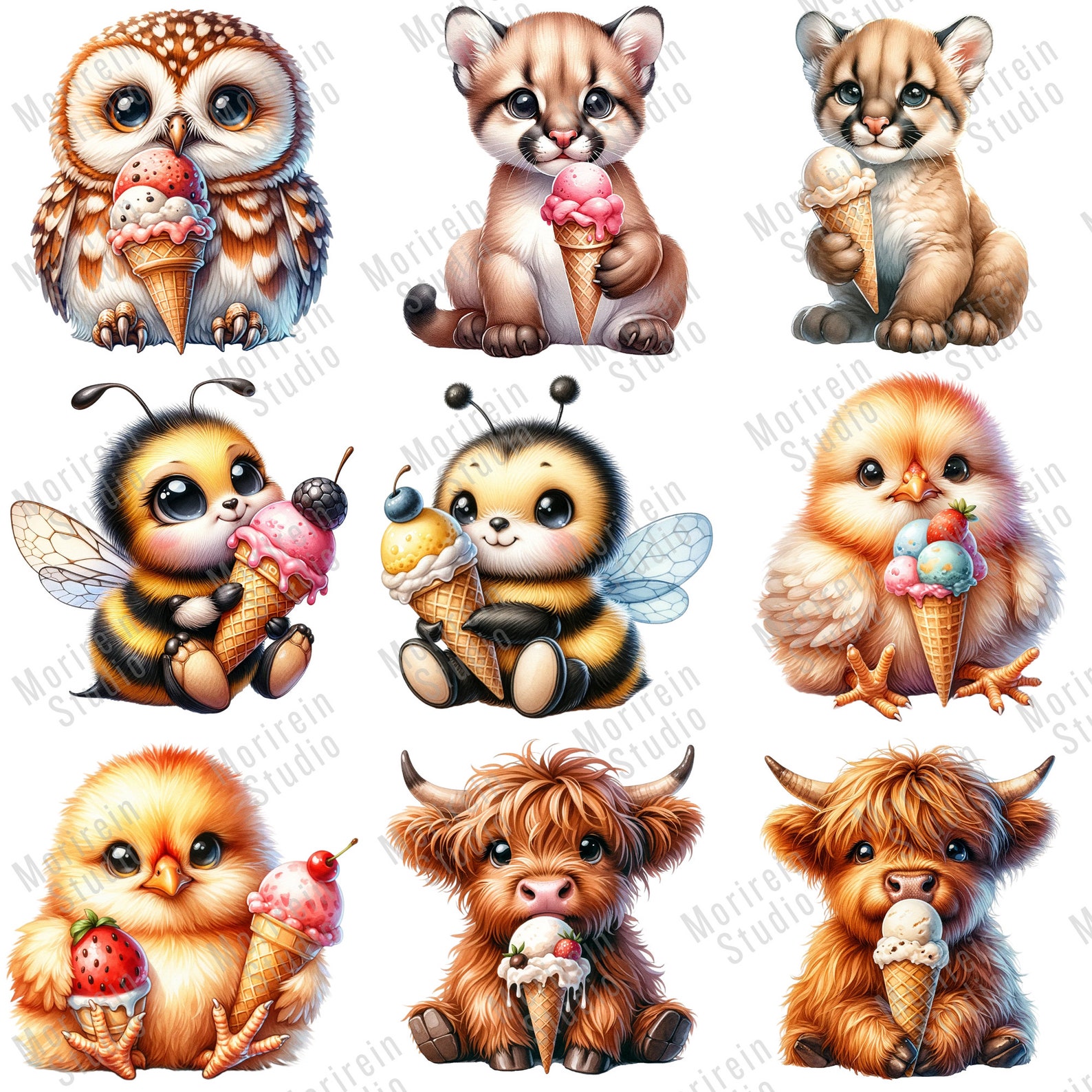 Animals Ice Cream Clipart 40 PNG Watercolor Animals Eating Ice Cream ...