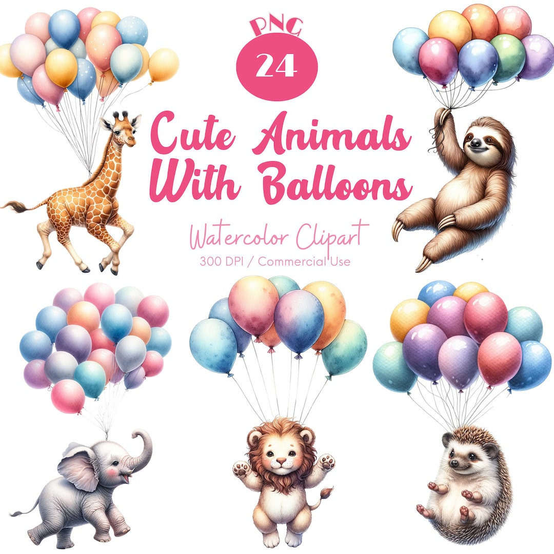 Cute Animals With Balloons Clipart 24 PNG Watercolor Birthday Animals ...