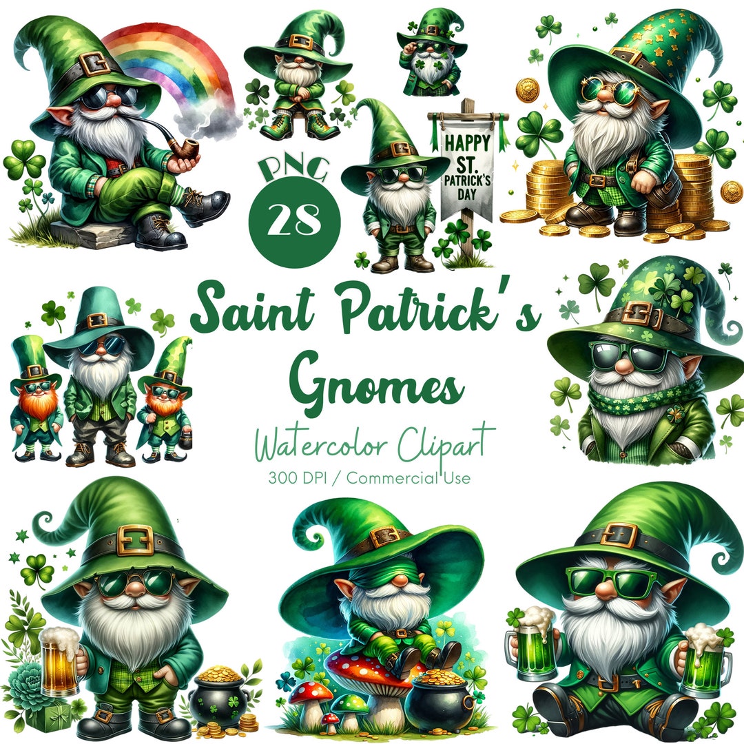 St Patricks Gnomes Watercolor Clipart: 28 PNG Festive Leprechaun Art ...