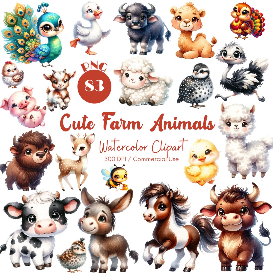 Cute Farm Animals Clipart 83 PNG Watercolor Cute Animal Baby Farm ...