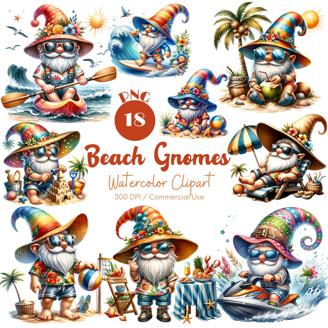 Beach Gnomes Clipart 18 PNG Watercolor Summer Party Gnome Ocean Sign ...