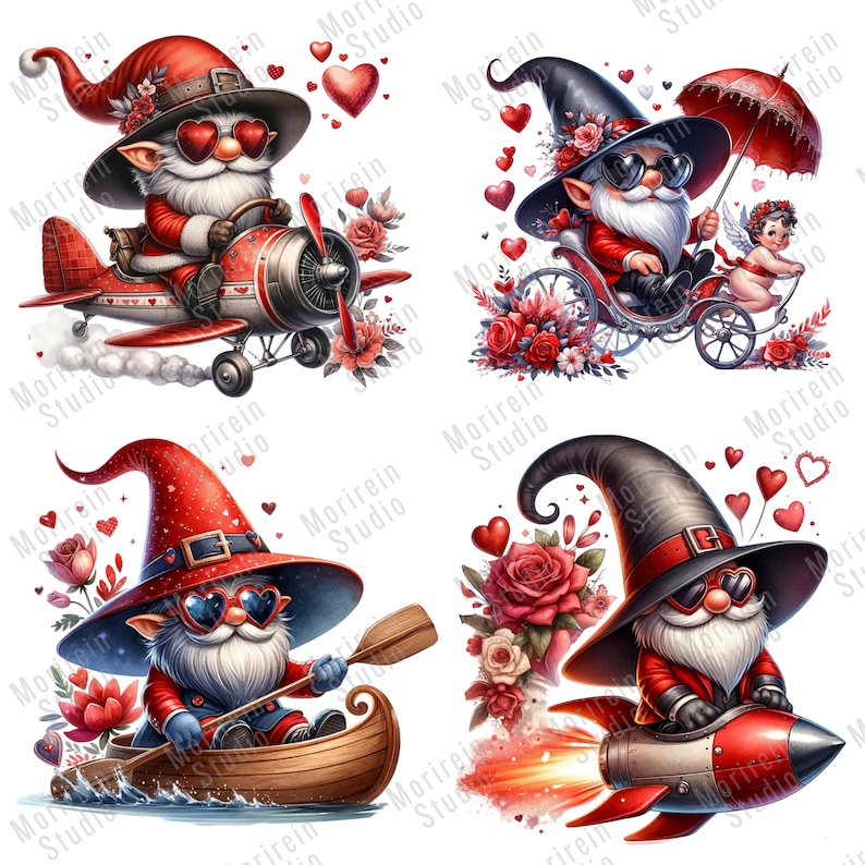 Watercolor Valentines Gnomes Clipart: 24 PNG Festive Vehicles (digital ...